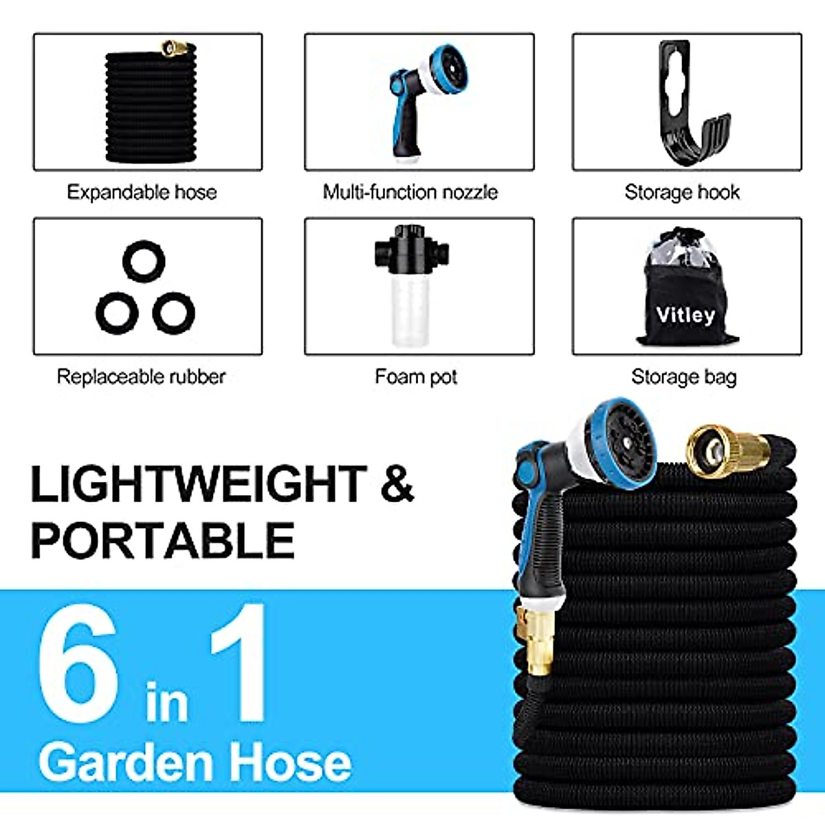 Vitley Expandable Garden Hose 100ft with 10 Function Spray Nozzle, Leakproof Flexible Water Hose Design,with foam pot, Solid Brass Connectors，Retractable Hose Expands 3 Times, Easy Storage and Usage.
