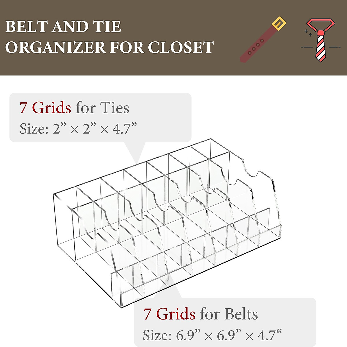 HeiMma Acrylic Belt Organizer for Drawer, Belt and Tie Storage Holder for Closet Neck Tie Box Organizer, 14 Compartment, Large Size