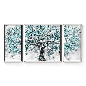 Abstract Landscape Canvas Wall Art: Blue Tree Blooming Pictures Large Nature Maple Oil Painting Print Framed Glitter Silver Foil Contemporary Hand Painted Artwork for Modern Living Room Bedroom Bathroom