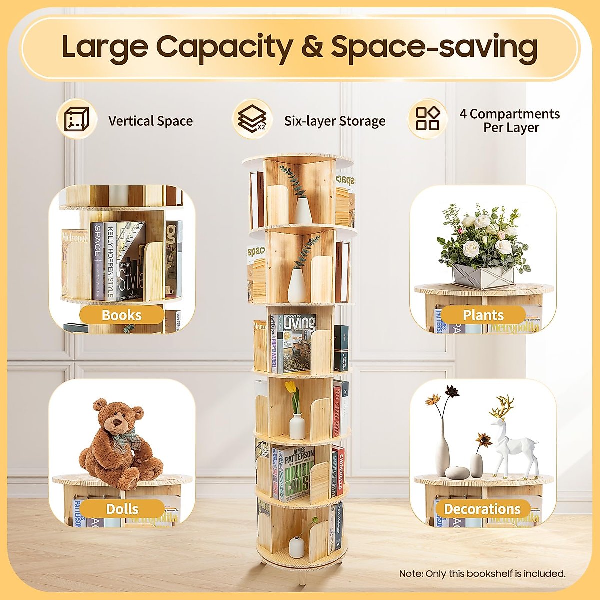 NOPTEG Rotating Bookshelf, 6 Tier Solid Wood 360 Display Floor Standing Bookcase Storage Rack, Free Standing Wood Bookcases for Kids&Adults Multi-Functional Bookshelf Organizer