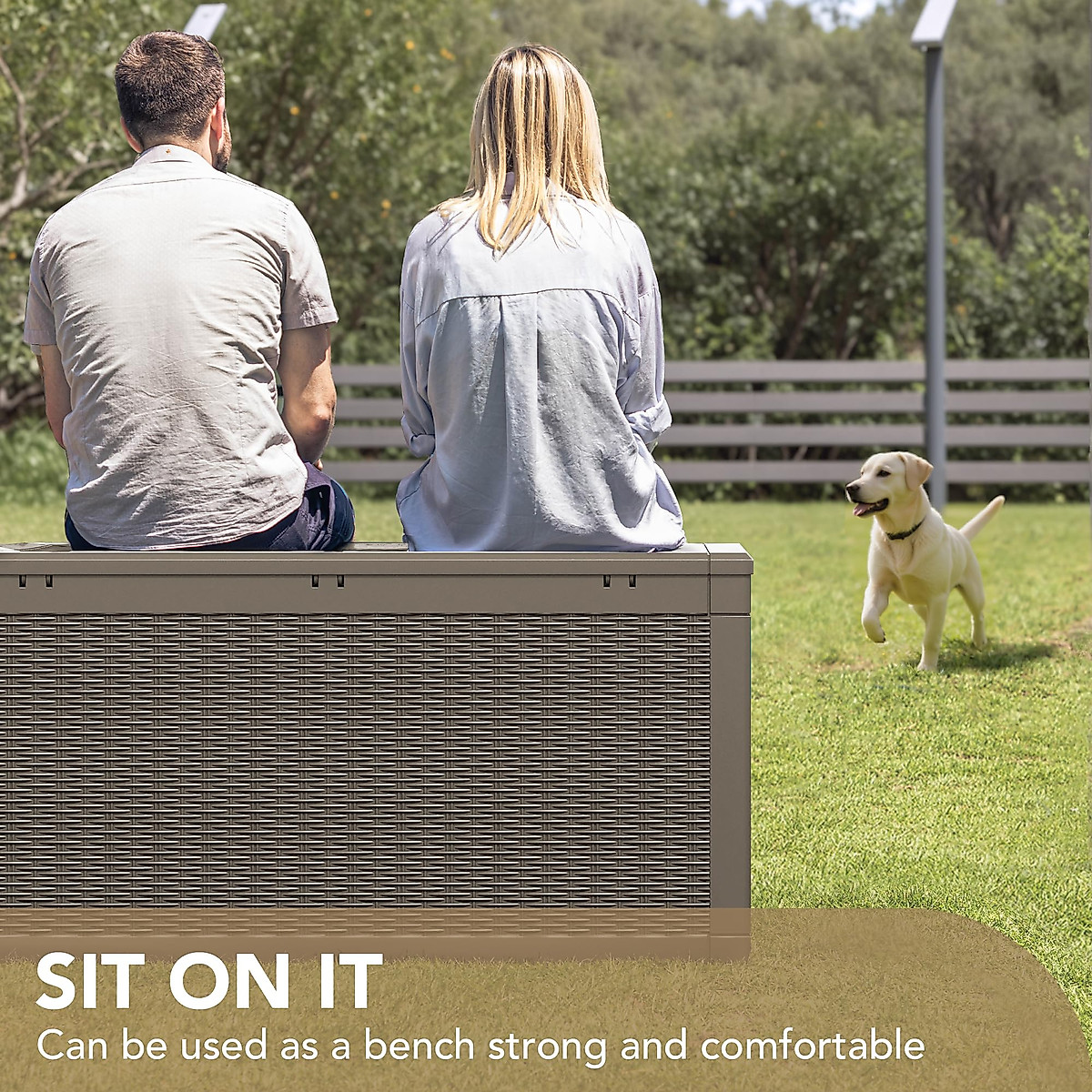 Devoko 100 Gallon Waterproof Large Resin Deck Box Indoor Outdoor Lockable Storage Container for Patio Furniture Cushions Garden Tools (100 Gallon, Light Brown)