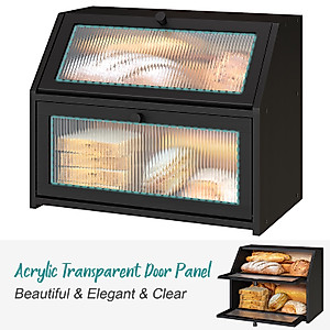 Vriccc Black Bread Box for Kitchen Counter, Large Bamboo Wood Double Layer Bread Box, Wooden Bread Storage Capacity