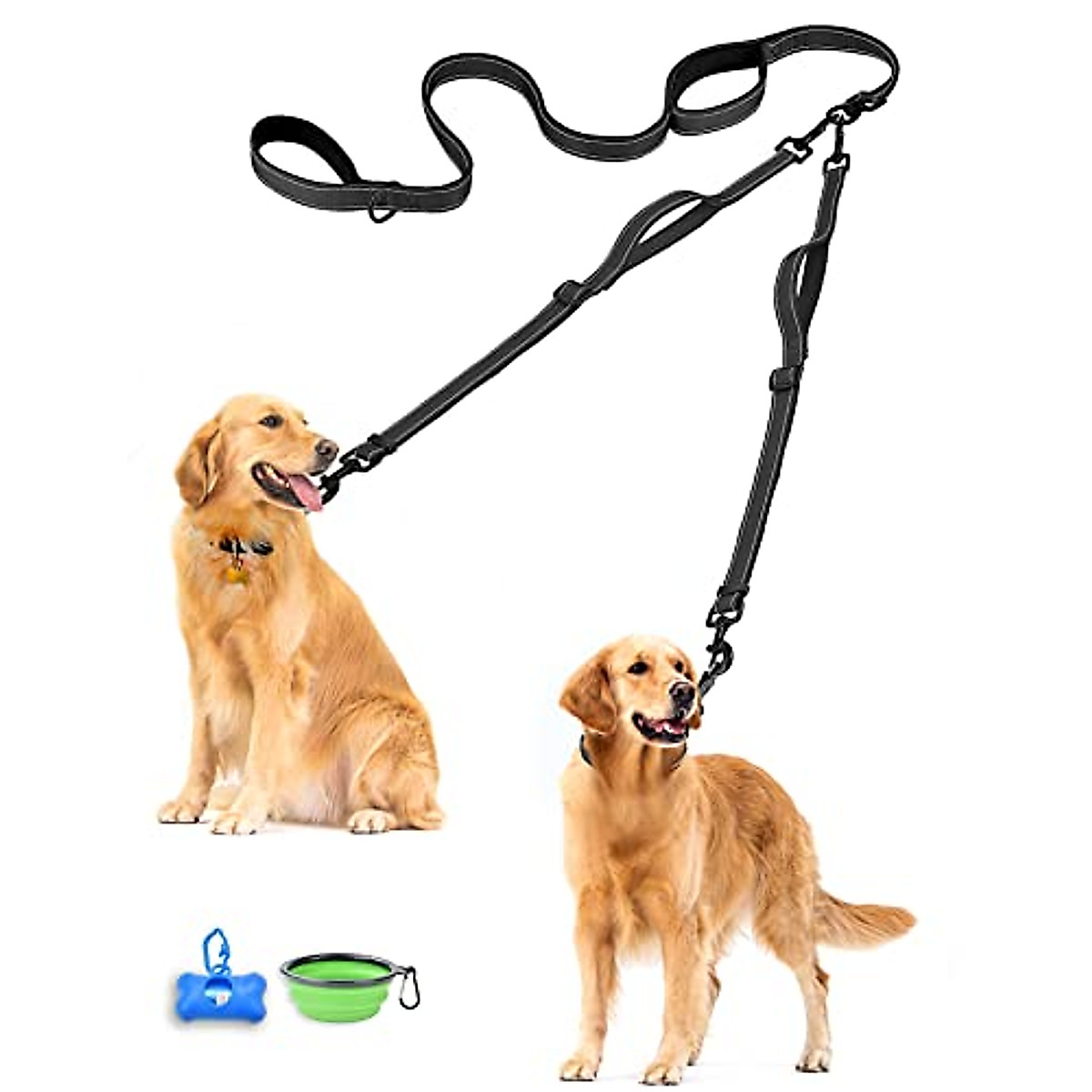 PetBonus Double Dog Leash, No Tangle Dual Dog Leash, Reflective Walking Training Leash, 4 Comfortable Padded Handles for 2 Dogs with Collapsible Bowl and Waste Bags (Black, Large)