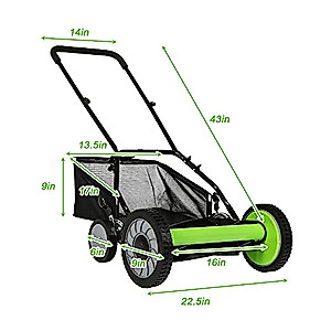 16-Inch 5-Blade Cordless Manual Reel Lawn Mower, Adjustable Cutting/Handle Height Grass Cutter with Grass Catcher, Green
