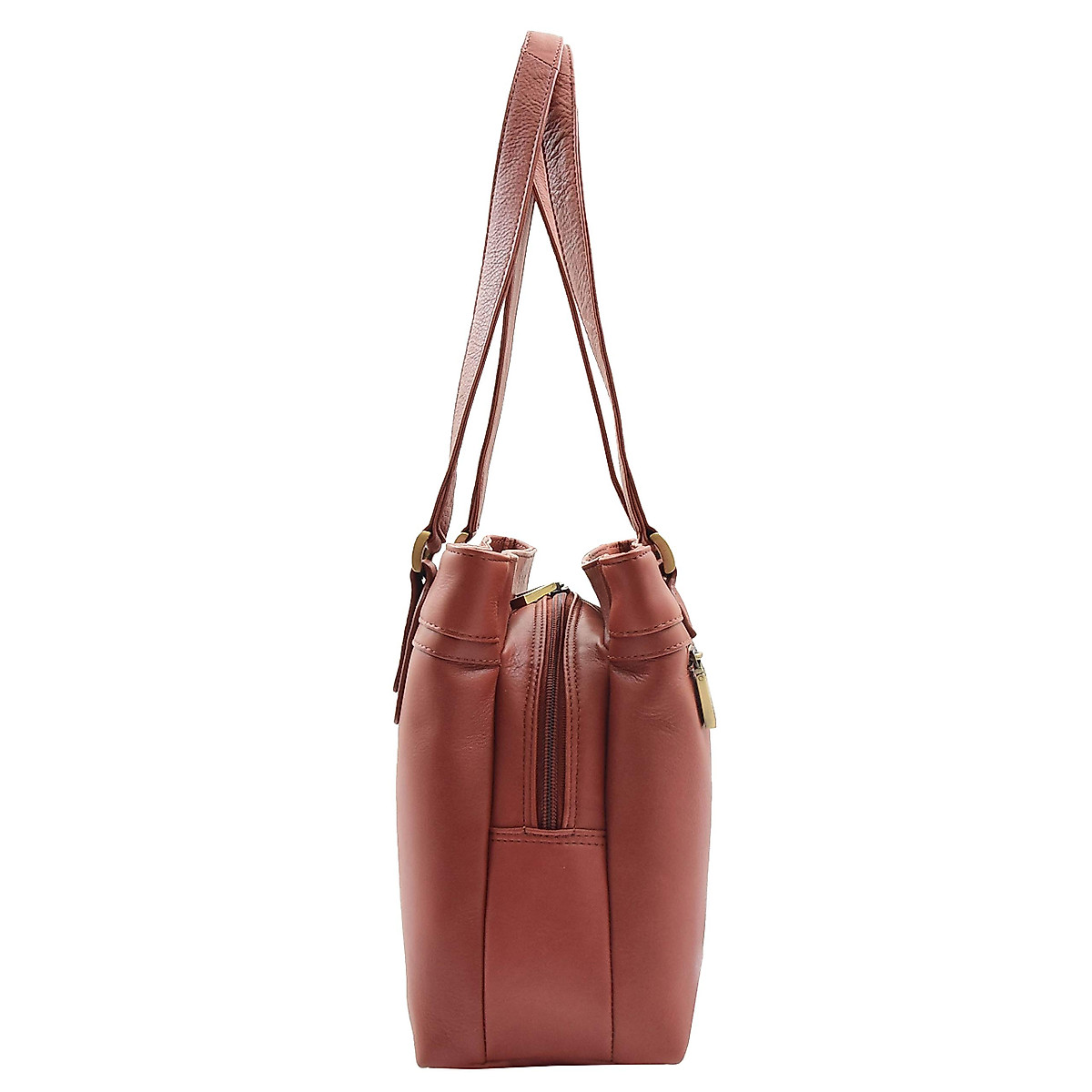 A1 FASHION GOODS Womens Leather Shoulder Bag Multi Zip Pockets Casual Handbag Polly (Brown)