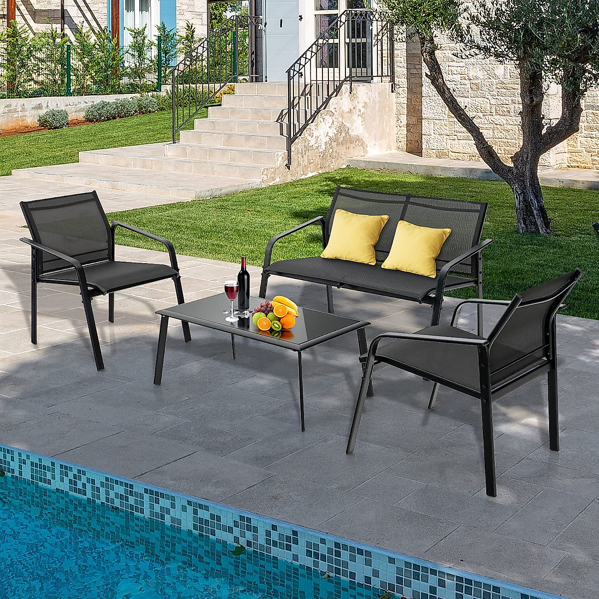 Tangkula 4 Pieces Patio Furniture Set, Outdoor Conversation Set with Tempered Glass Coffee Table, Outdoor Bistro Set with Fabric and Anti-Rust Steel Frame for Garden, Poolside and Backyard (Black)