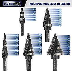 PLATINUMEDGE Step Drill Bits Set, 5 Pieces SAE, High Speed Steel Step Bits with 50 Total Step Sizes, Double Flute Cutting Blades, Nitride Black Coating and Polished