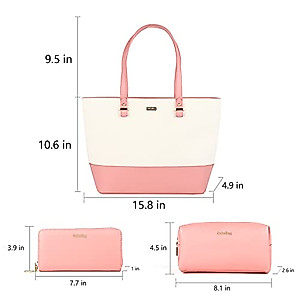 Tote Handbags Purses Cosmetic Bags 3pcs Set for Women, Simply and Quickly Make up or Touch up Anytime and Anywhere (Off-white/Pink)