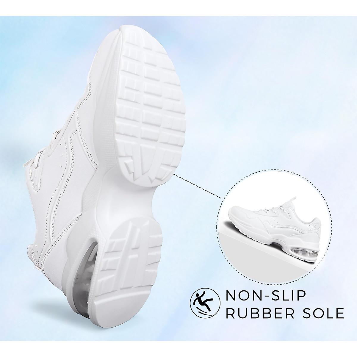 LUCKY STEP Women‘s Air Cushion Fashion Sneakers Platform Casual Walking Resistant Tennis Shoes Hologram Leather Comfortable Travel Sneakers(All White,9B(M) US)