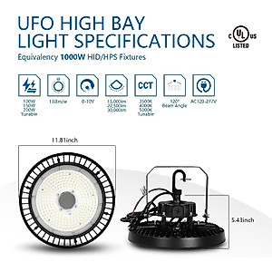 Sokply UFO LED Warehouse Light High Bay Dimmable 0-10V with US Plug 4Ft Cable, 200W (Eqv.1000W MH/HPS), 5000K, lP65 Commercial Area Lighting Fixture for Warehouse Workshop Garage Barn, UL Listed