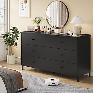 Hasuit 6 Drawers Double Dresser, Wooden Dresser with Heavy Sturdy Steel Frame, Large Capacity Storage Chest of Drawers, Black Dresser for Bedroom, Living Room, Entryway
