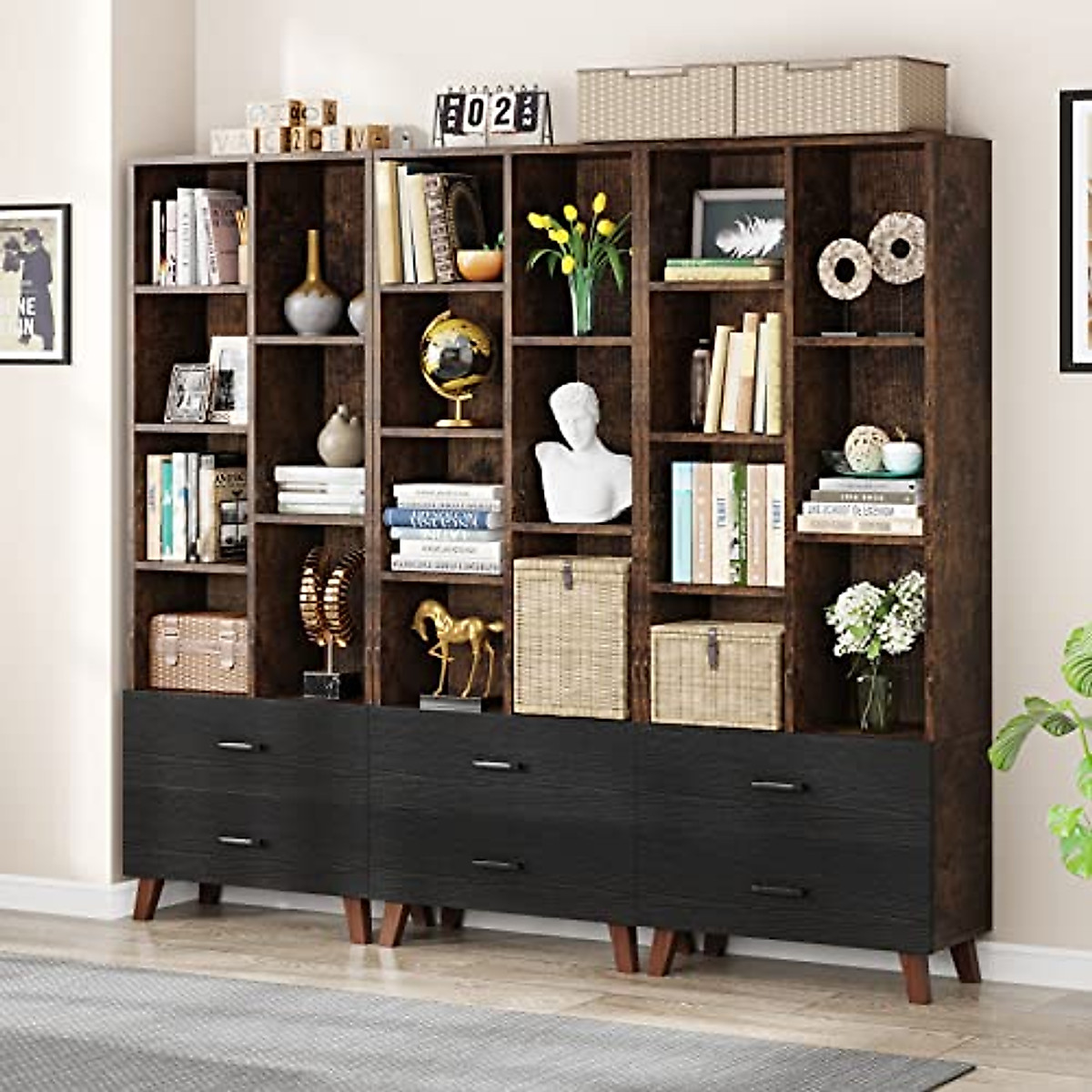 Tribesigns 5 Tier Tall Bookshelf with 2 Storage Drawers, Set of 2, 5 Shelf Mid-Century Modern Bookcase, Free Standing Vintage Narrow Book Shelves for Bedroom, Living Room, Rustic Brown