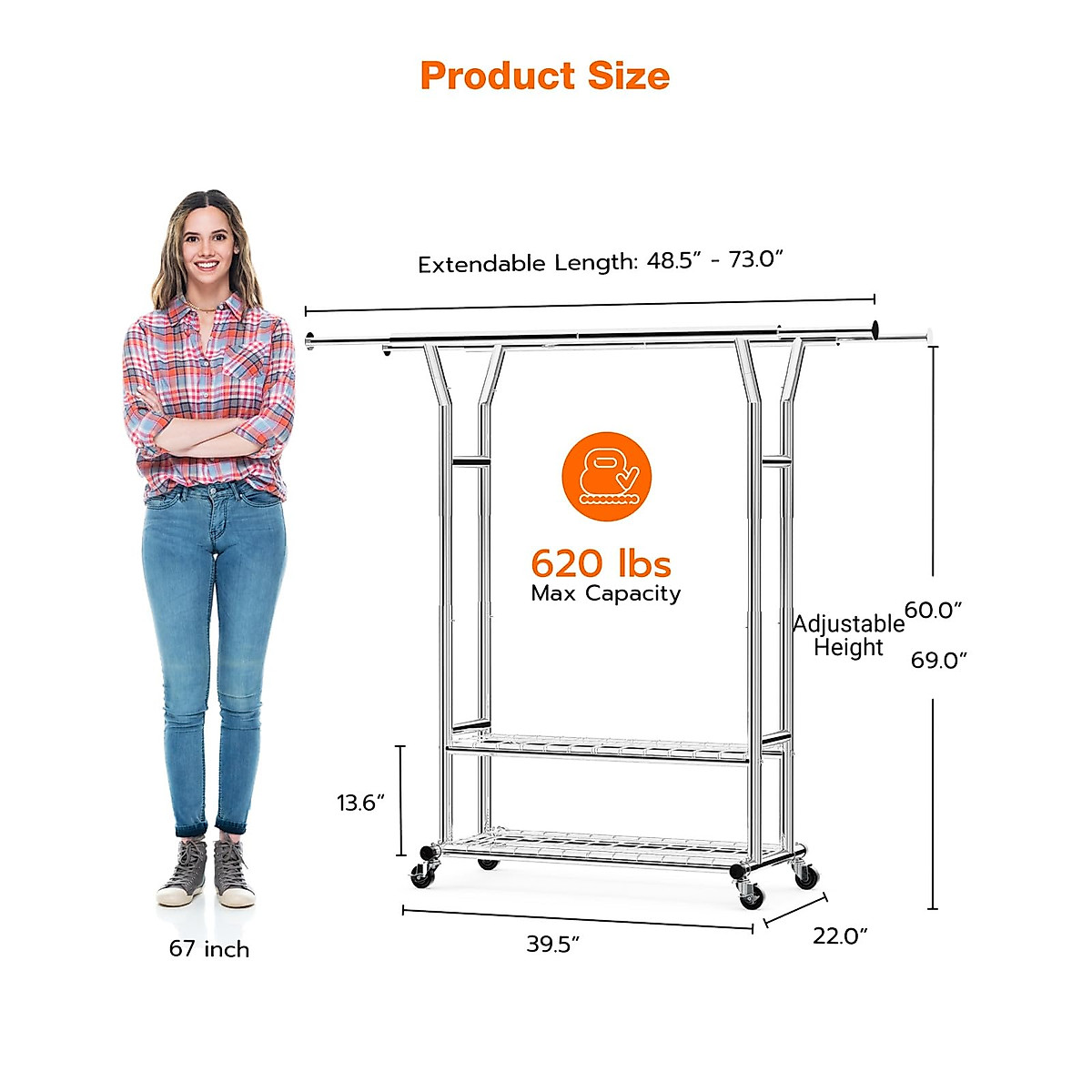 XBurmo Heavy Duty Clothing Rack - Portable Rolling Clothes Rack with Wheels, Adjustable Garment Racks for Hanging Clothes, Free Standing Metal Clothing Rack for Home, Commercial, Laundry Room, Silver