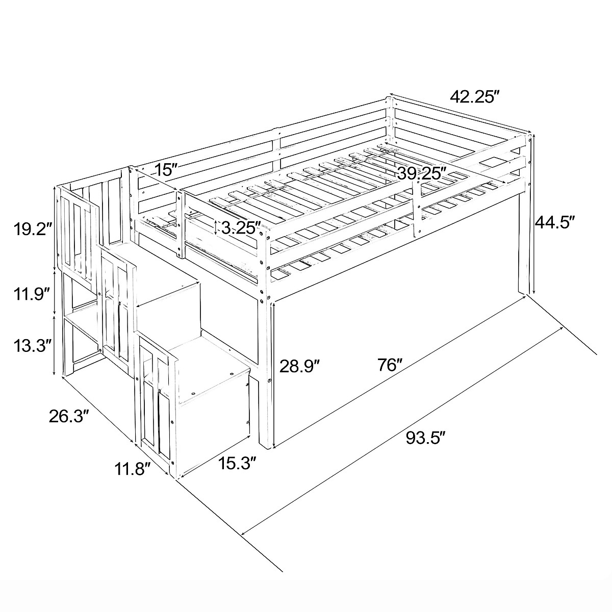 CITYLIGHT Low Loft Bed with Staircase,Twin Size Kids Loft Bed with Step Storage,Wood Loft Bed Frame Twin with Safety Guardrails for Girls, Boys,Grey
