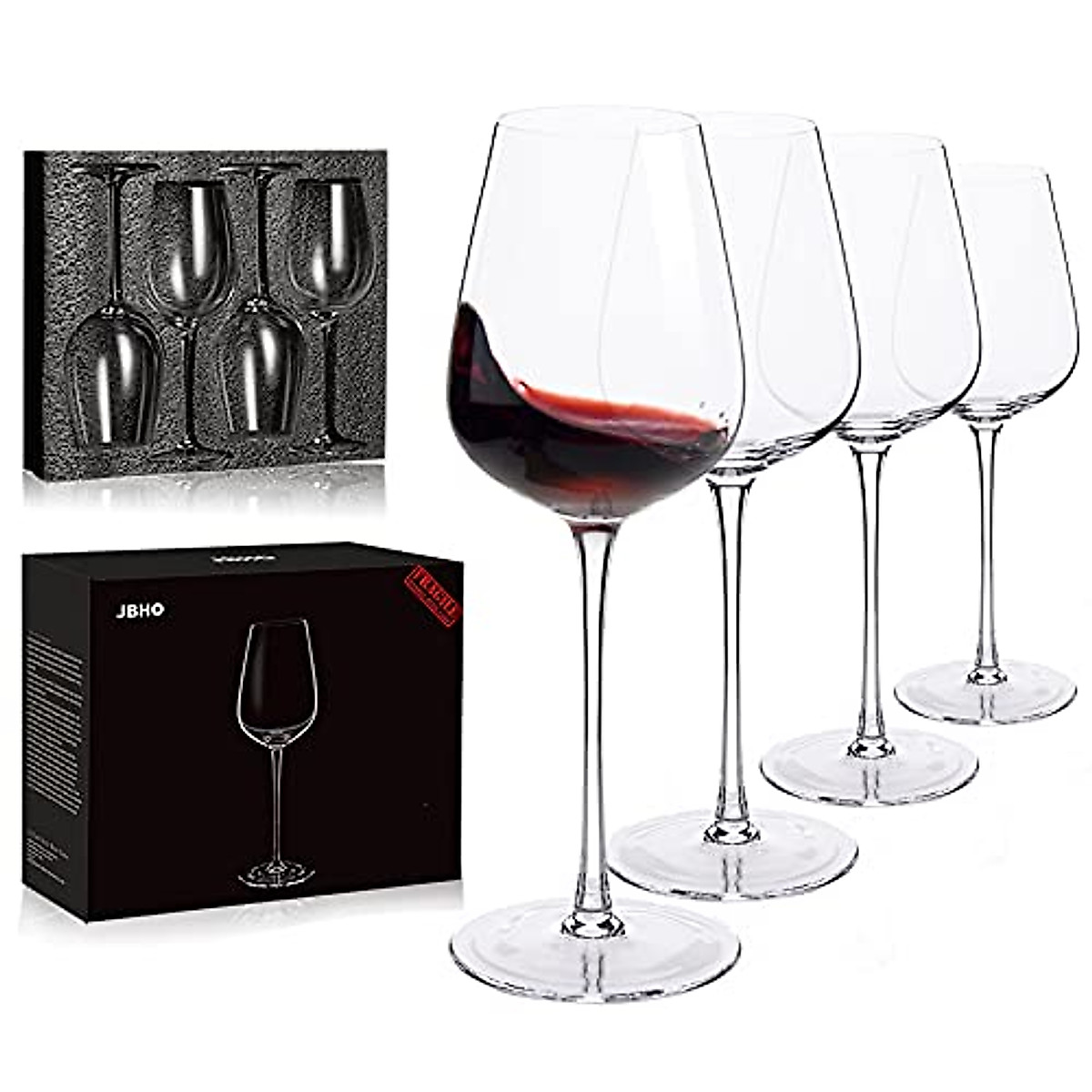 JBHO Hand Blown Italian Style Crystal Bordeaux Wine Glasses - Great Gift Packaging - Red Wine Glasses Lead-Free Premium Crystal Clear Glass - Set of 4-18 Ounce