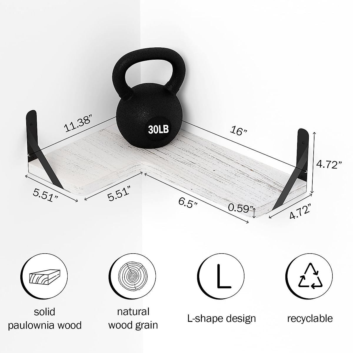 Muzilife Corner Floating Shelves Wooden Floating Shelve Set of 4, Wall Mounted for Storage, L-Shaped Shelves for Wall Decor Wall Organizer for Bedroom, Bathroom, Kitchen, Living Room and Office, White