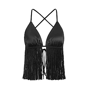 Verdusa Women's Crisscross Tie Backless Fringe Hem Sleeveless Satin Crop Cami Top Black S