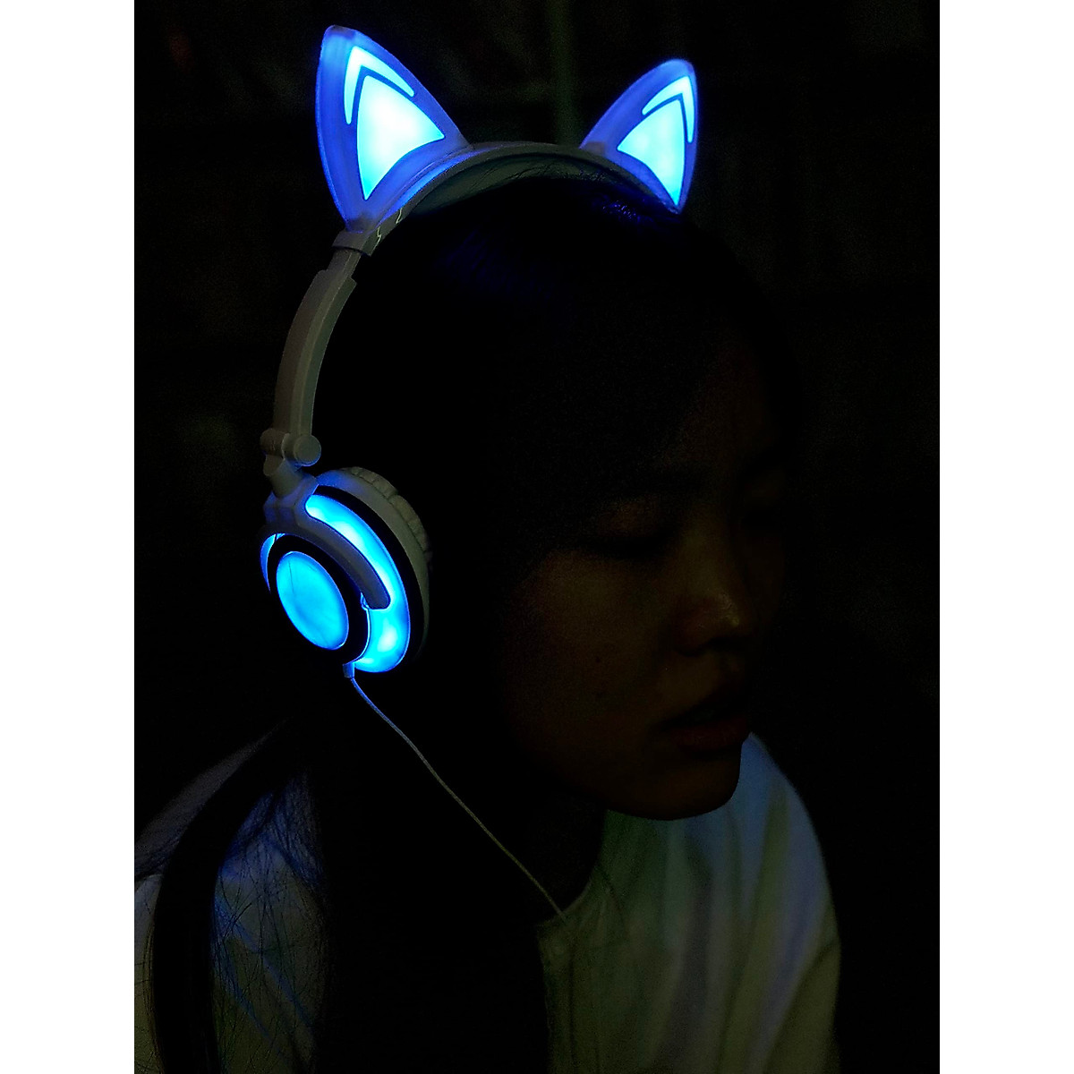 Olyre Wired Headphones with Microphone for Kids/Girls/Boys/Women,On-Ears Adjustable Stereo Foldable LED Cat Kitty Gift Headset Compatible with Computer Tablet PC iPad Smartphone(White)