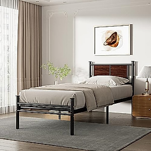 HAOARA Twin XL Size Bed Frame with Rustic Wood Headboard, Metal Heavy Duty Platform Frame, Sturdy Steel Slat Support, No Box Spring Needed, Black