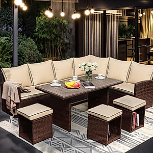 JOIVI 7 Piece Patio Furniture Set, Patio Dining Sofa Set, Outdoor Sectional Sofa Conversation Set All Weather Wicker Rattan Couch Dining Chair & Table with Ottoman, Brown Rattan Beige Cushion