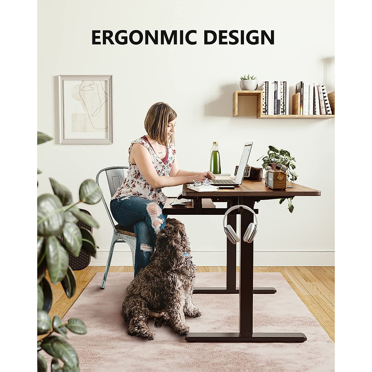 CubiCubi 63 x 24 Inches Large Height Adjustable Electric Standing Desk with Keyboard Tray, Ergonomic Workstation for Home Office, Black Frame Rustic Brown Top