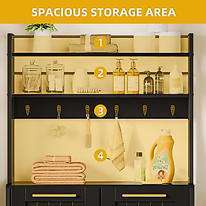 DWVO Laundry Hamper with Shelves, 3-Tier Laundry Hamper Cabinet 53" Tilt Out Hamper with 6 Hooks and 2 Removable Laundry Baskets for Laundry Room Bathroom, Black