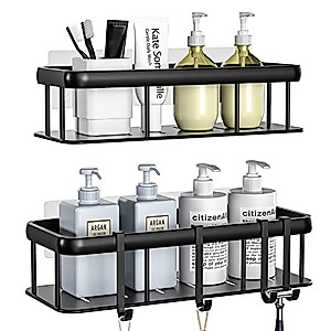 Midphorn 2-Pack Adhesive Shower Caddy, No Drilling Shower Shelf with Hooks Rustproof Wall Mounted Shower Organizer for Inside Shower Bathroom Storage Shampoo Holder, Matte Black