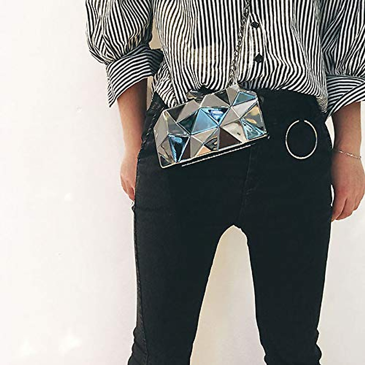 YAOSEN Women Geometric Metal Clutch Diamond Chain Purse Handbag (Pewter)