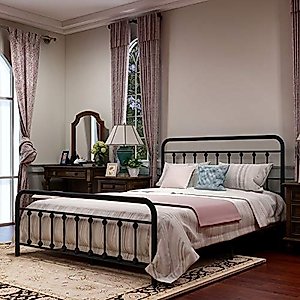 AUFANK Metal Bed Frame Queen Size Victorian Vintage Style Headboard and Footboard No Box Spring Heavy Duty Steel Slat Mattress Foundation Black
