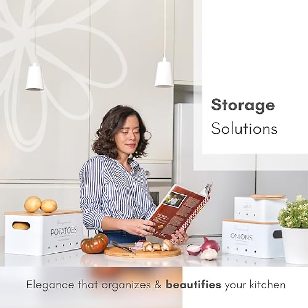 Canisters Sets for the Kitchen Organization, Potato Storage, Onion Storage, Garlic storage, Vegetable storage, Canisters Set for Countertop, Set of 3 Galvanized Steel with Ventilation and Bamboo Lids