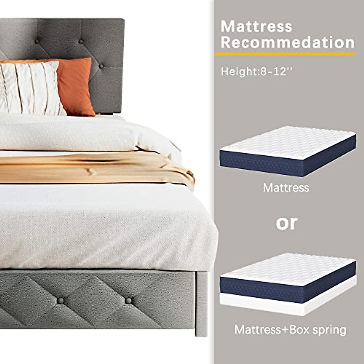 Fluest Queen Bed Frame with Headboard Storage Drawers of 4 Upholstered Bed Frame Platform Adjustable Headboard Wooden Slats Support/No Box Spring Needed/Easy Assembly/Mattress Foundation, Dark Grey