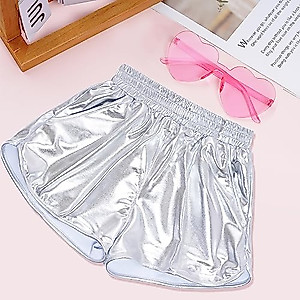 Bskifnn Metallic Shorts for Girls Sparkly Hot Dance Pants with Heart Shape Sunglasses (as1, Age, 6_Years, 7_Years, Sliver)