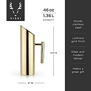 Viski Gold Modern Drink Carafe, Stainless Steel, 26 Ounces, Pitcher with Handle, Plated, Set of 1