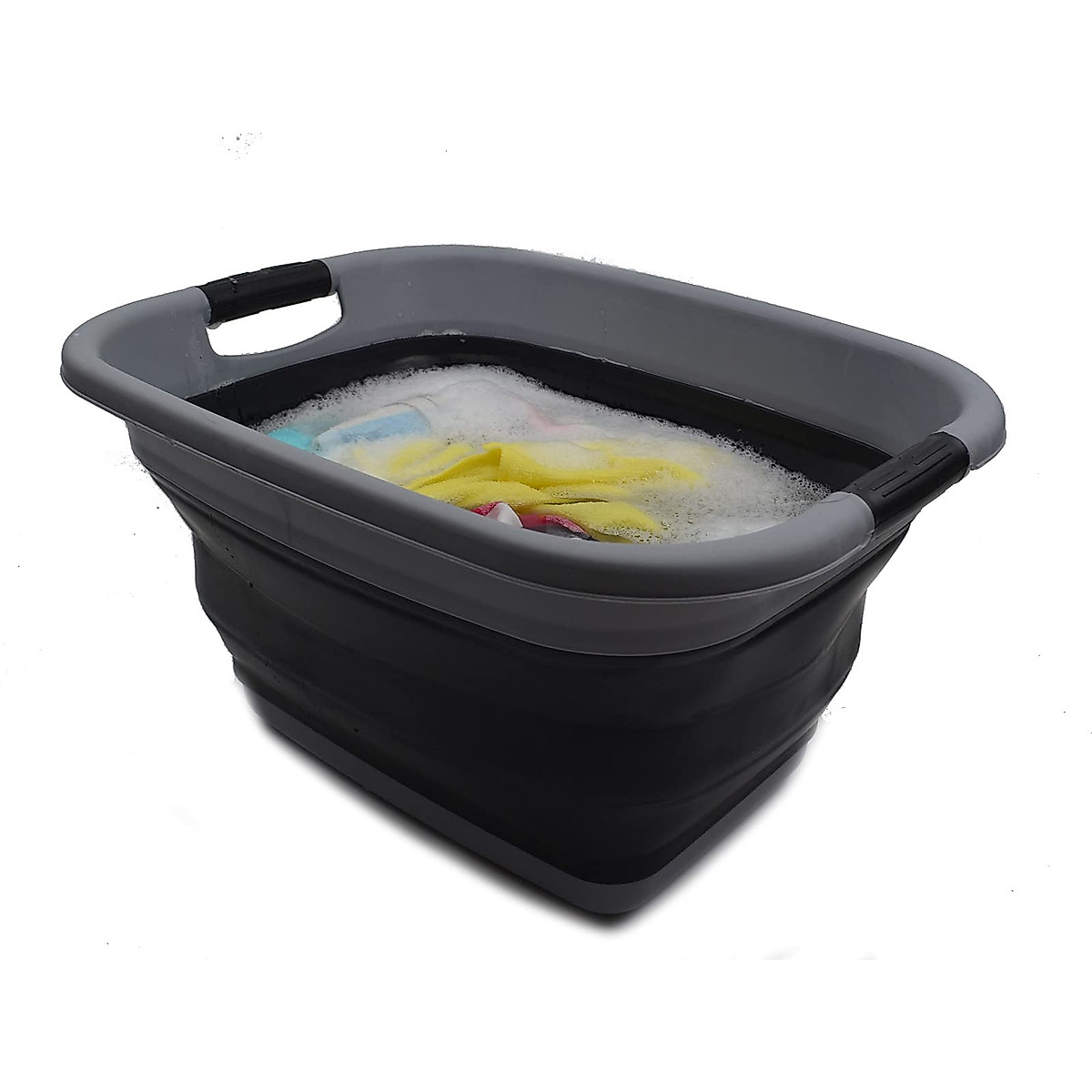 SAMMART 2 pcs Set : 25L (6.6 Gallon) Collapsible Plasic Laundry Basket & 5L (1.32 Gallon) Collapsible Bucket (Laundry Basket+Bucket, Black+Black)