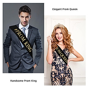 Prom King and Queen Crown Set, Prom King and Queen Sashes Gold Queen Crown, Prom Decorations School Prom, Graduation Party School Party Accessories, Black Satin Sash with Gold Print
