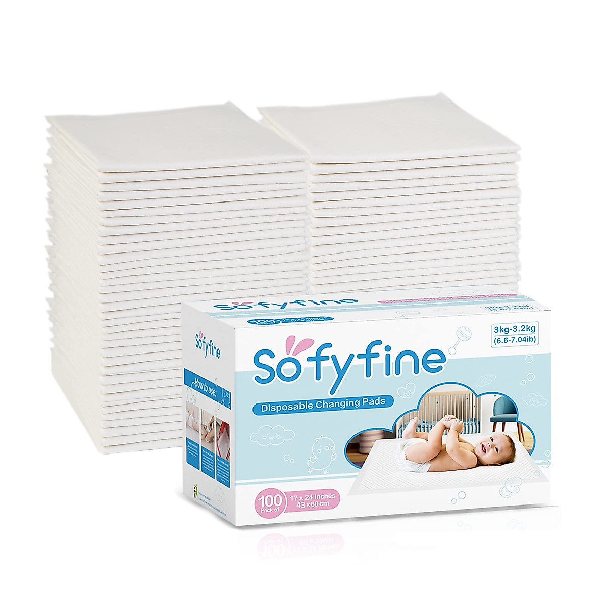 SOFYFINE Disposable Changing Pads for Baby 17x24 (100 Count), Heavy Absorbent Diaper Underpads for Changing Table, Waterproof Toddler Pee Pad (White, 30g/Piece, 2g SAP)