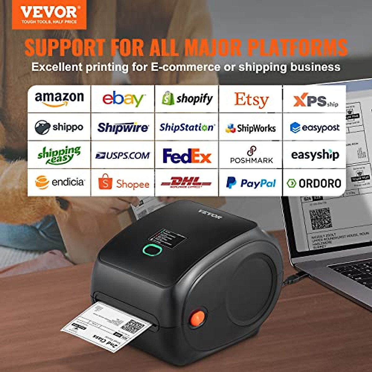 VEVOR Direct Bluetooth Thermal Label Printer HD(300DPI), All in One BT-USB Cable Dual-use Shipping Label Printer w/Automatic Label Recognition, Support Windows/MacOS/Linux/Chromebook/Android/iOS