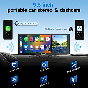 Spedal 860 Wireless Apple CarPlay & Android Auto with 4K Dash Cam, 1080P Backup Camera- 9.3" HD Touch Car Play Screen, GPS Navigation for Car, Portable Car Stereo with Bluetooth, FM/AUX, 64G TF Card