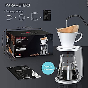 KitchenBoss Pour Over Coffee Maker Set Pour Over Stand Set | White Ceramic Dripper | 600ml/20oz Glass Server | Non-slip Stand | Home Office Coffee Maker Kit 5 Cup