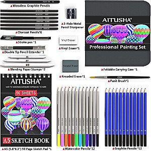 AITUSHA 42-Piece Drawing and Sketching Kit: Comprehensive Art Set for Artists, Watercolor Pencils, Sketch Kit, 50-Page Sketchbook, Black Zipper Case
