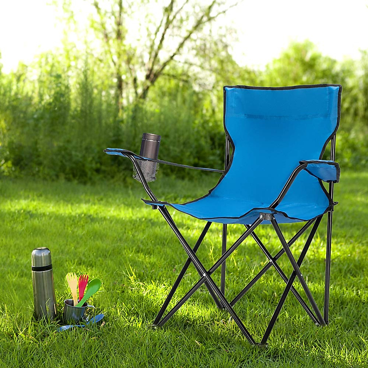 Goujxcy Portable Camping Folding Chair, Heavy Duty Steel Frame Support 230 LBS Outdoor Folding Lawn and Camping Chair Lounge Chair with Arm Rests, Cup Holder and Shoulder Strap Carrying Bag (Blue)