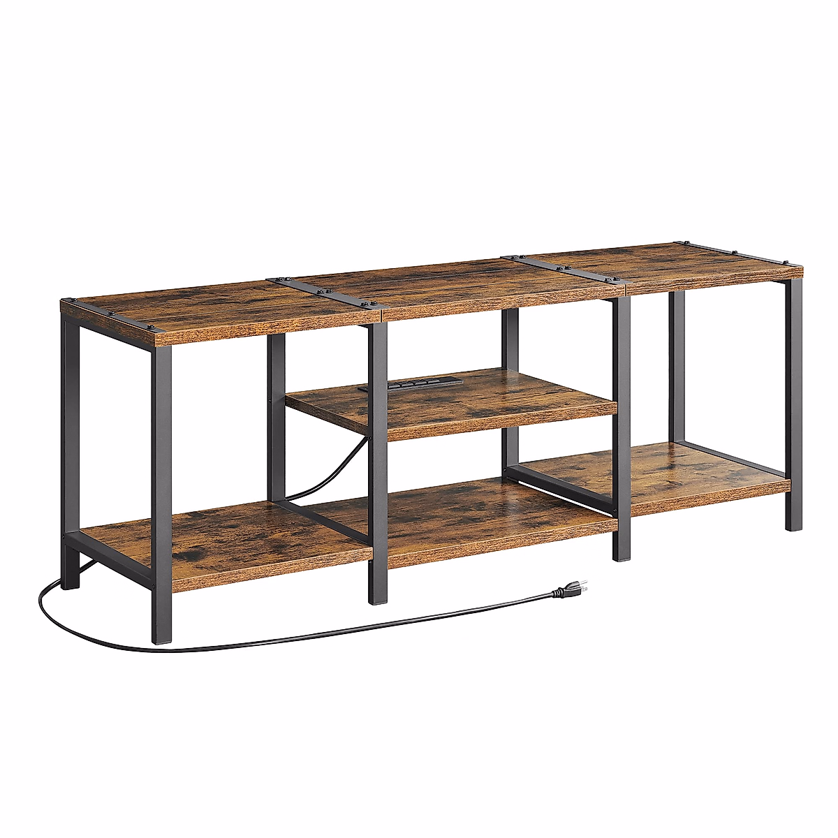 Hzuaneri TV Stand with Charging Station for TVs up to 65 Inches, 3 Tier Media TV Entertainment Center with Storage Shelf, Industrial TV Console Table for Living Room, Bedroom, Rustic Brown and Black