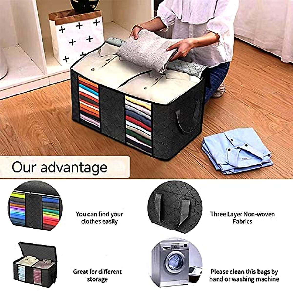 Large Capacity Clothes Storage Bag Organizer with Reinforced Handle Thick Fabric for Comforters, Blankets, Bedding, Foldable with Sturdy Zipper, Clear Window, 3 Pack, 90L (Black)