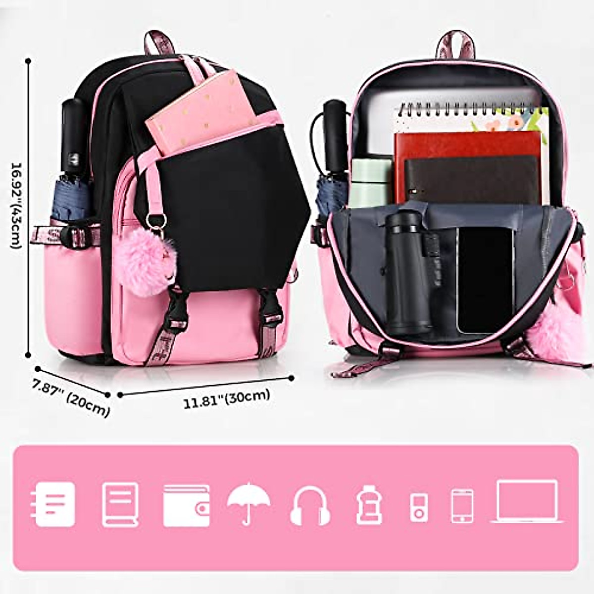 FRONET Backpack for Girls Teenage School Bags for Elementary Middle High Student Kids Casual Laptop Daypack Grade 7 8 9 10 Ages 11 12 13 14 15 16 Children Kawaii Pink Bookbag Set with Lunch Bag
