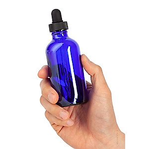 JUVITUS 4 oz / 120 ml Cobalt Blue Glass Boston Round Bottle with Black Dropper (2 Pack) + Clear Travel Bag