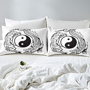 Yin Yang Bedding Set Dragon Tiger Fighting Comforter Cover Traditional Chinese Tai Chi Diagram Duvet Cover Lightweight Bedroom Decoration For Kids Boys Girls Teens Adults Queen Size Black White