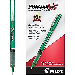 PILOT Precise V5 Stick Rolling Ball Pens, Extra Fine Point, Green Ink, Dozen Box (25104)