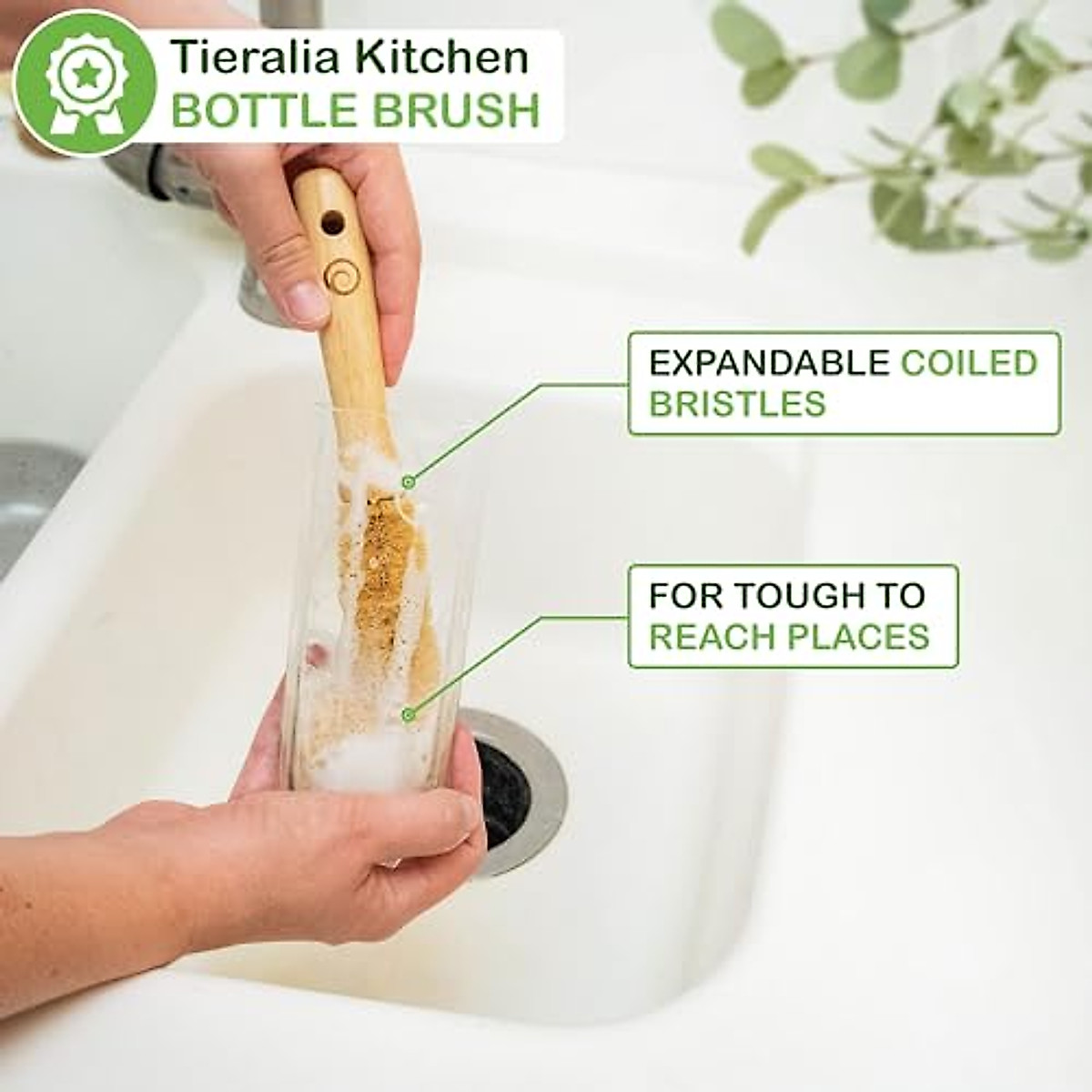 Tieralia 5-Piece Eco-Friendly Bamboo Dish Brush Set with Compostable Wood Pulp Sponges | Bamboo Kitchen Cleaning Set