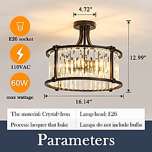 YYJLX 6-Light Black Semi Flush Mount Crystal Chandelier Metal Modern Ceiling Light Fixture Lighting for Living Room Dining Room Kitchen Bedroom Foyer Hallway