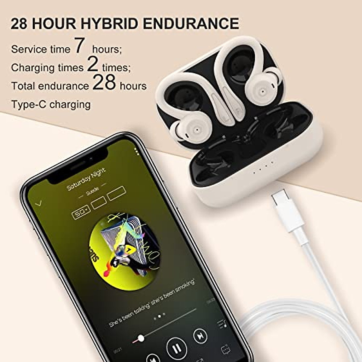Beige Wireless Earbuds with Earhooks Bluetooth Earbuds with Ear Hook Waterproof Sport Headphones Noise Cancelling Ear Buds with Microphone Long Battery Life Earphones for Running Workout Android iOS